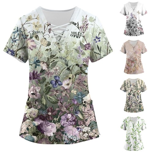 Women's Flower Printed Short Sleeve Shirts V Neck Top Work Uniform ...