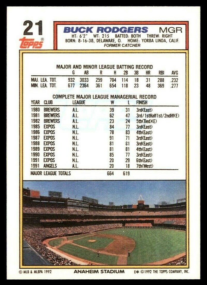 1992 Topps Manager Angels Buck Rodgers NN & NoBio #21 Baseball Card | eBay