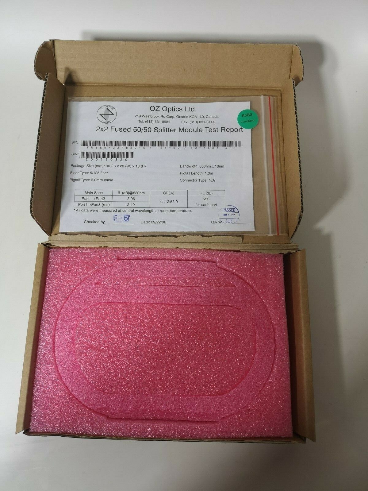 OZ Optics 2x2 50/50 Fiber Coupler 850+/-10nm FUSED-22-850-5/125-50/50 ...