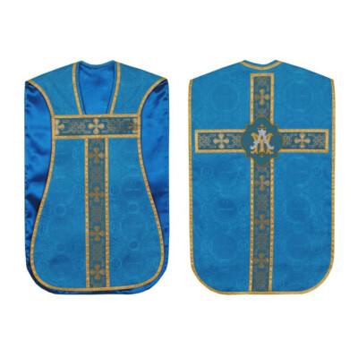 NEW Marian Blue Roman Fiddleback Chasuble, Fiddleback Vestment 5pcs ...