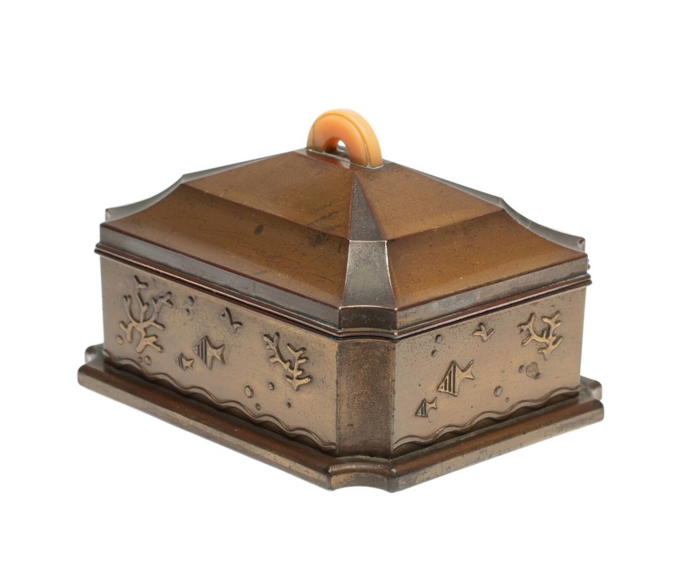 Japanese Antimony Ware Art Deco Cigarette Box with Fish & Stylised ...