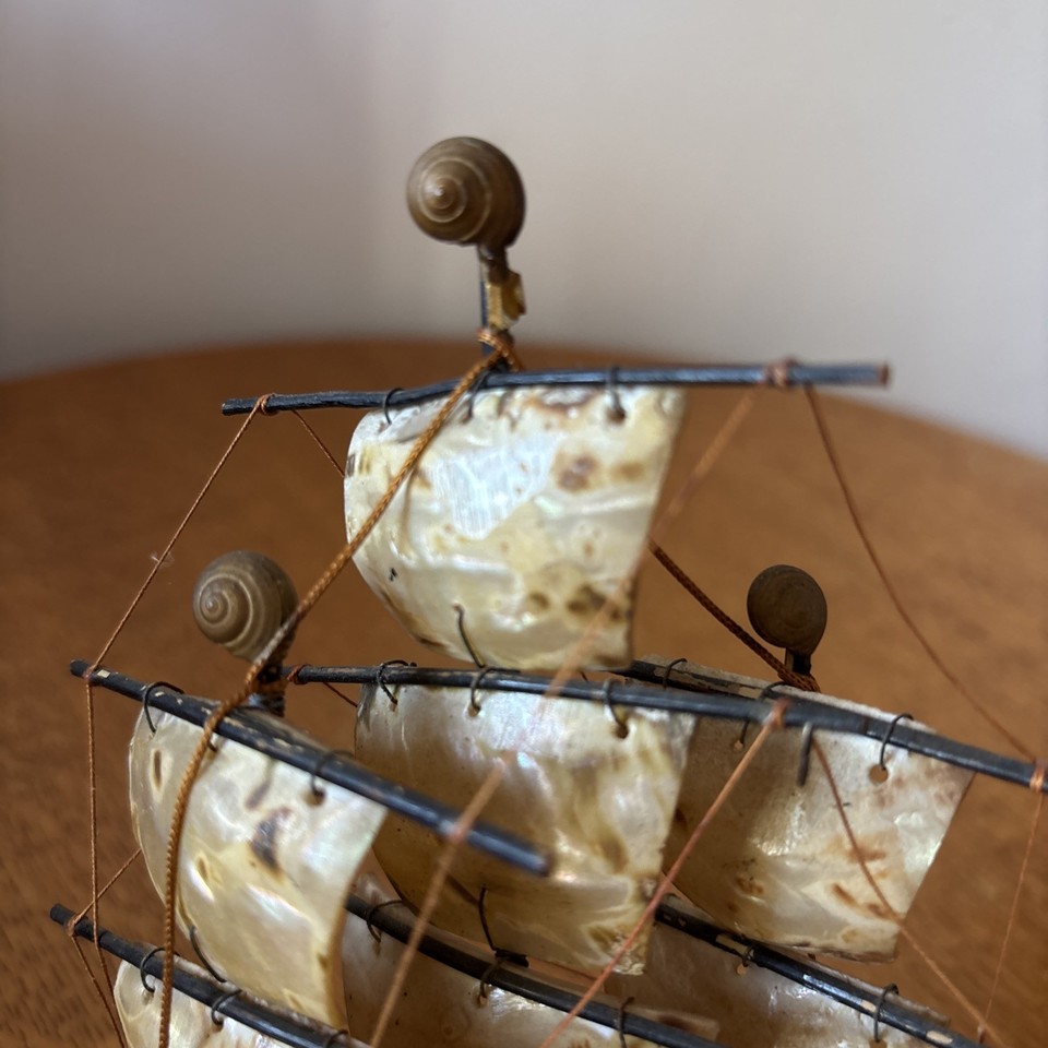 Vintage Handmade Shell Art Ship On Wooden Plinth Charming Collectable ...
