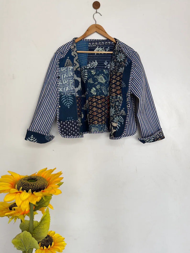 Indian Navy Blue Cotton Jacket Unisex Floral Patchwork Jacket Partywear ...