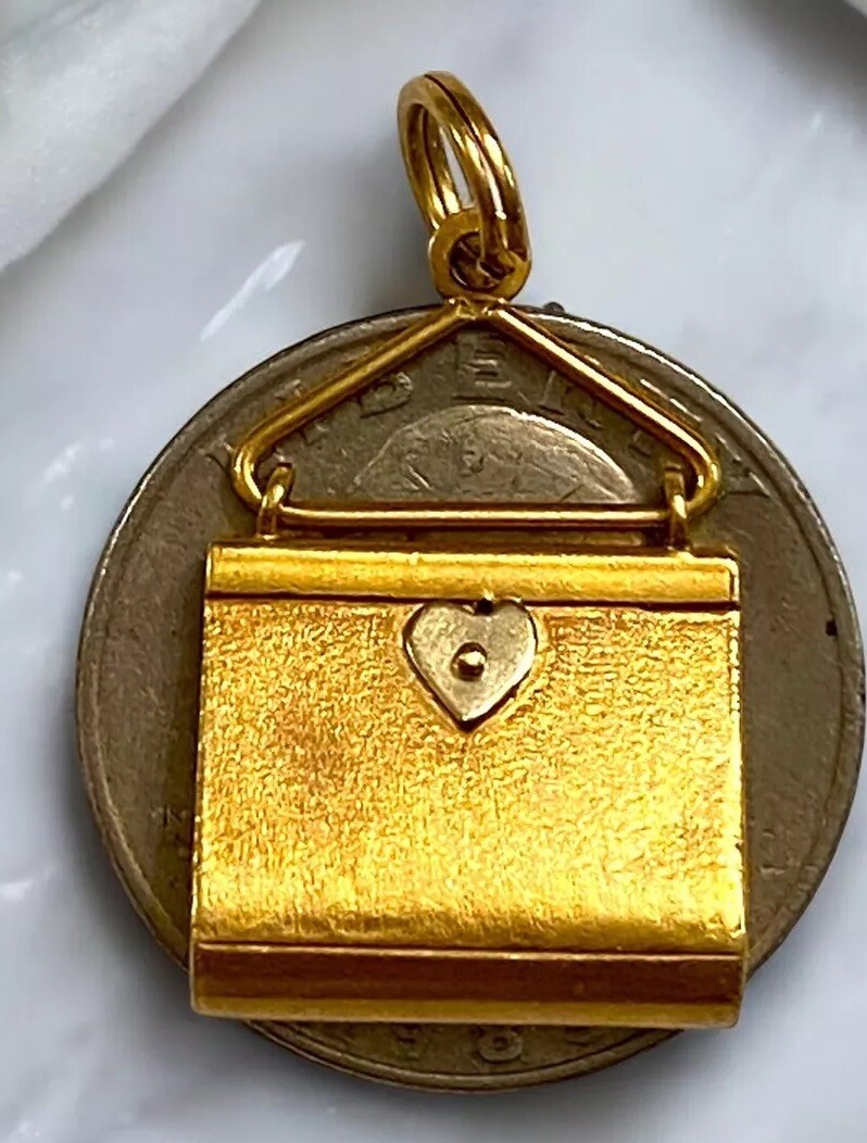 VINTAGE 18k 750 SOLID Yellow Gold 3D PURSE Bag Pocketbook Charm Pendant ...