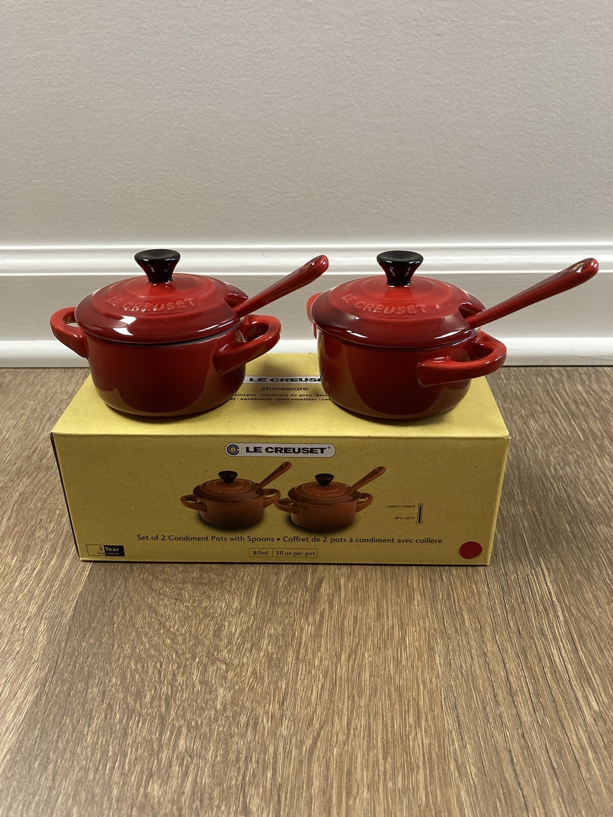 Set of 2 "Cerise" LE CREUSET Condiment Pots with Spoons NWT Stoneware ...