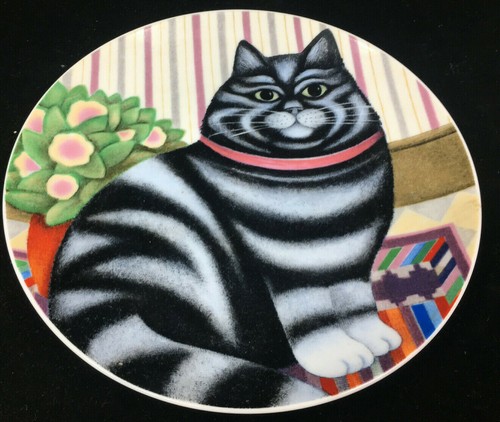 Cat on Mat Plate Martin Leman Dept 56 Black Grey Striped Tabby Kitten ...
