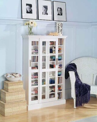White Finish Wooden Media Storage Cabinet CD DVD VHS Organizer Tower ...