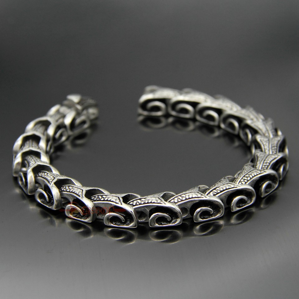 Retro Stainless Steel Dragon Snake Skin Bone Link Chain Bracelet Bangle ...