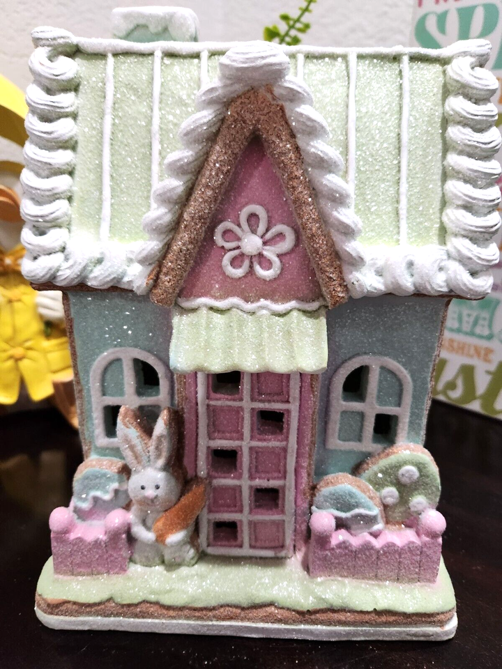Easter Gingerbread House Light Up Bunny Rabbit Pastel Tabletop Decor 9. ...