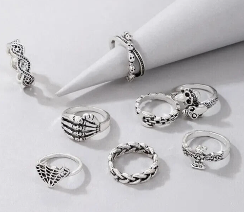 8 PC Silver-Tone Stackable Finger Knuckle Joint Midi Bohemian Ring Set ...