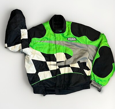 Vtg Kawasaki Ninja Checkered Flag Neon Green Padded Motorcycle Jacket ...