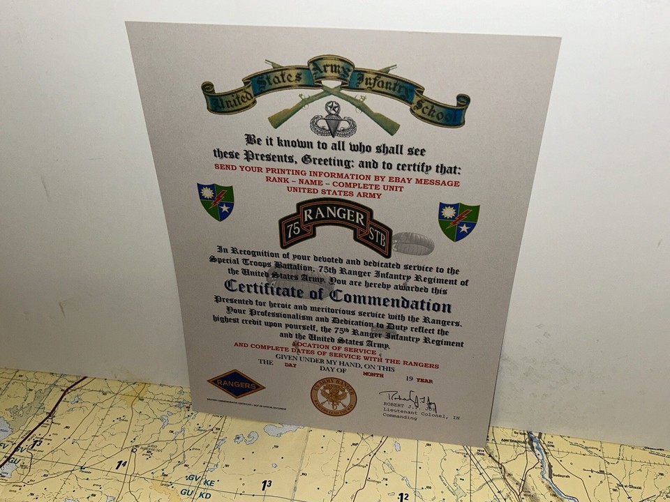 U.S. ARMY RANGER - 75TH REGIMENT - STB / CERTIFICATE OF COMMENDATION | eBay