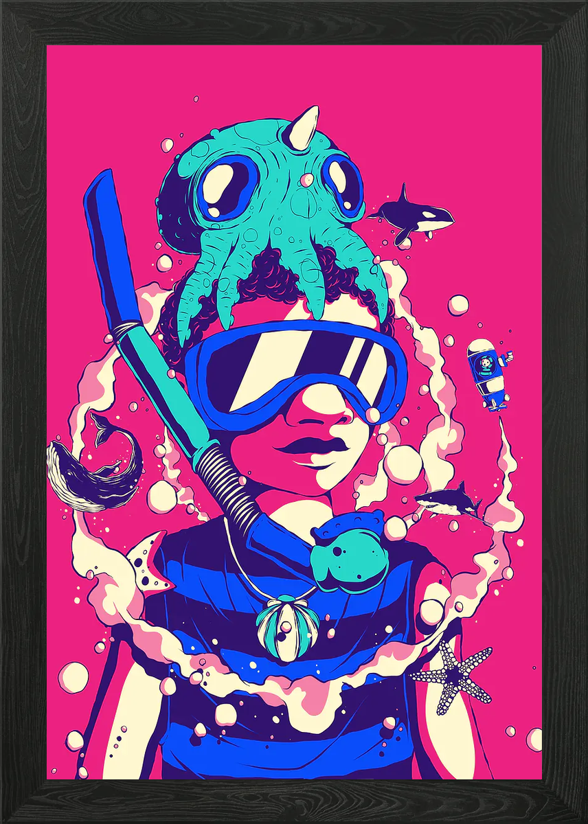 Ocean Diver with Octopus Framed Wall Art Poster Canvas Print Picture ...