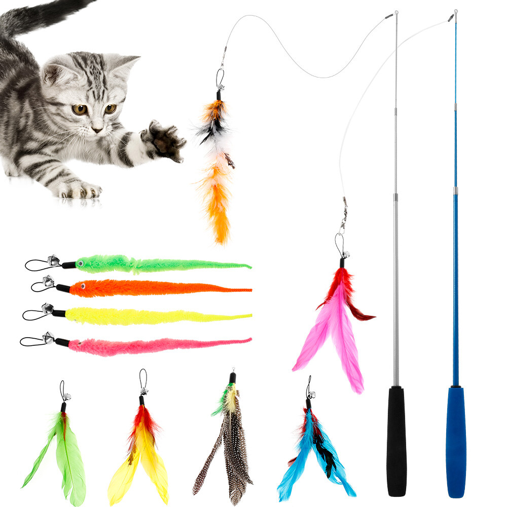 12PCS Cat Toys Feather Funny Stick Teaser Wand Interactive Kitten Pet ...