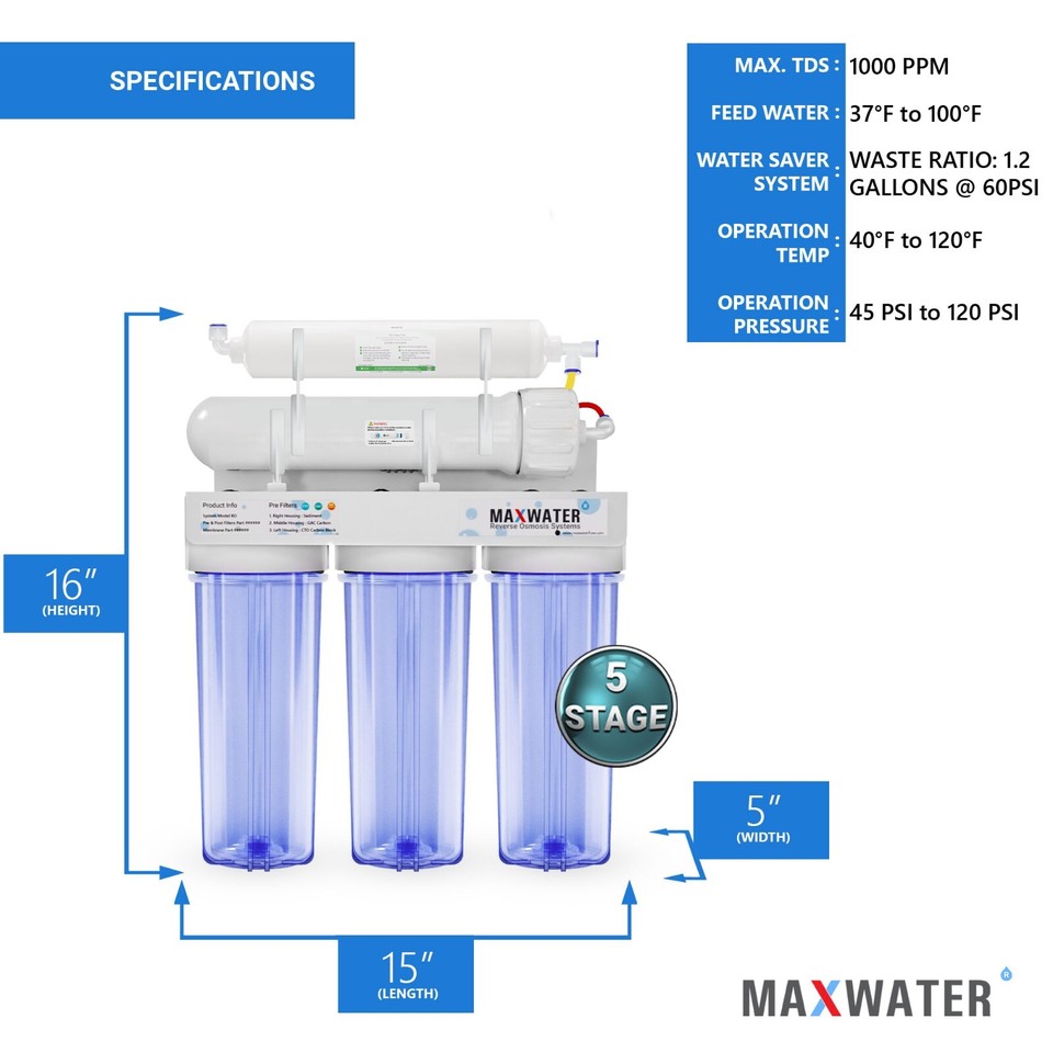5 Stage Drinking Reverse Osmosis System with 100 GPD / without tank and ...