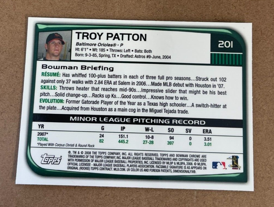 2008 TOPPS/Bowman Chrome Rookie Card # 201 Troy Patton - Baltimore ...