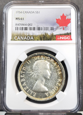 1954 CANADA SILVER 1 DOLLAR ELIZABETH II NGC MS 61 RARE LOW MINTAGE ...