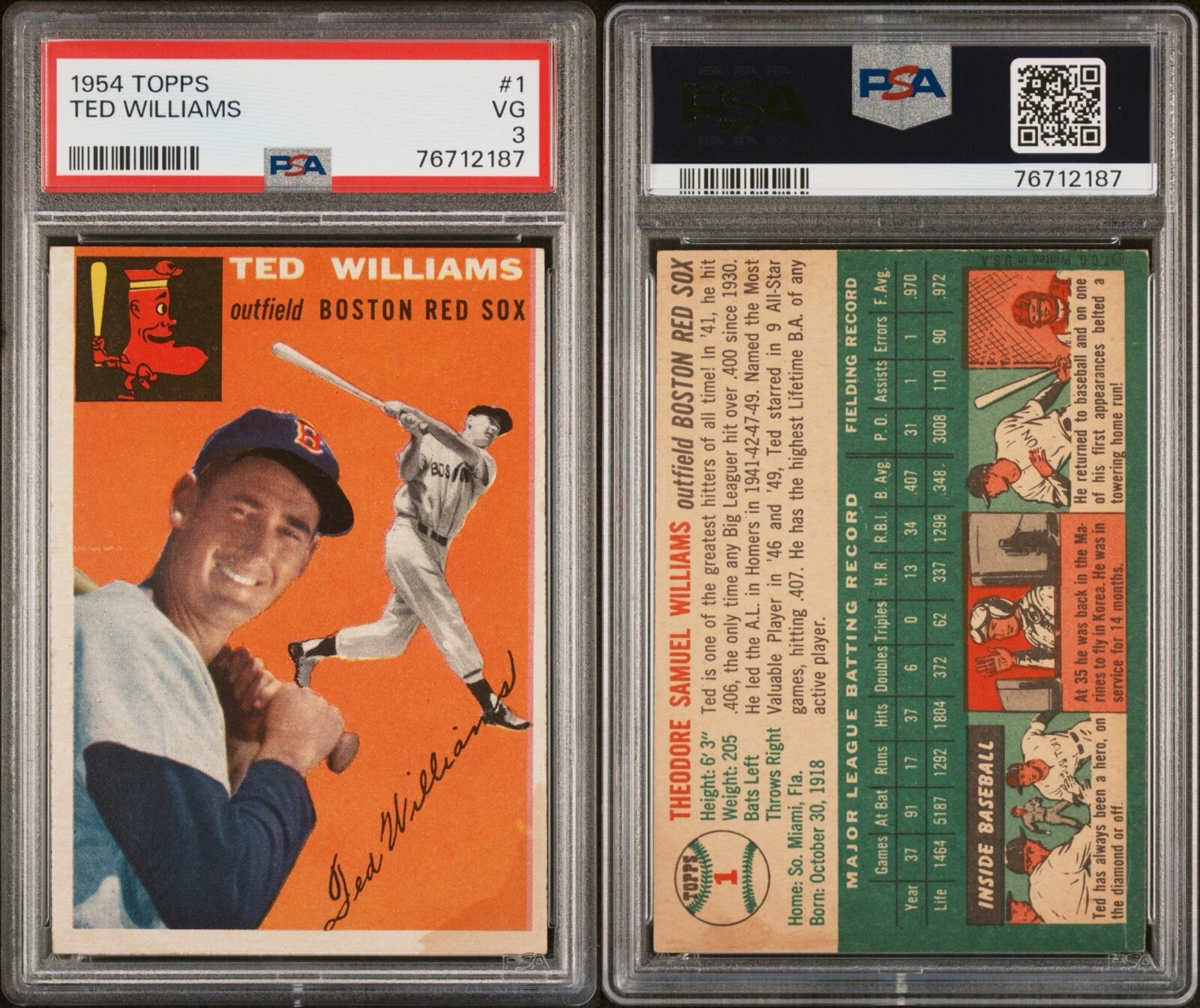 TED WILLIAMS 1954 Topps Baseball Vintage Great Color #1 (New Label) PSA ...