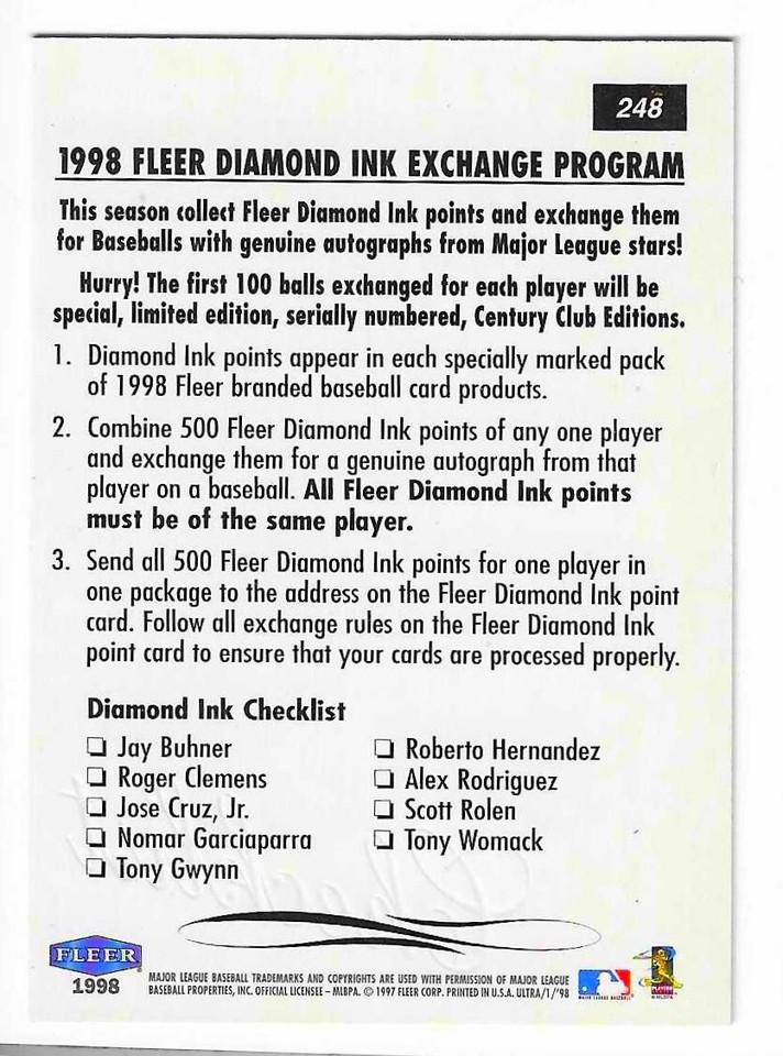 1998 Fleer Ultra MLB Card #248 Checklist 177 Jimmy Key - 250 Checklist ...
