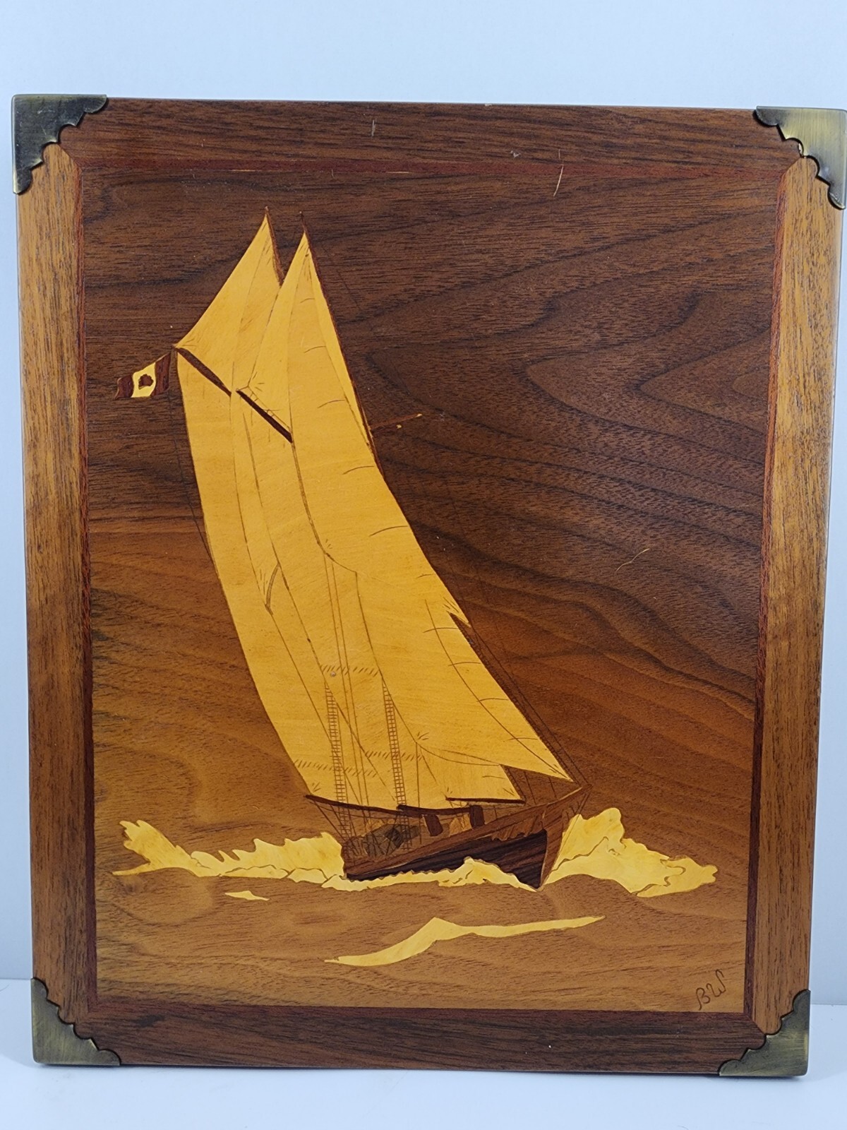 Vintage Inlay Marquetry Sailing Boat original signed "BW" wood art ...