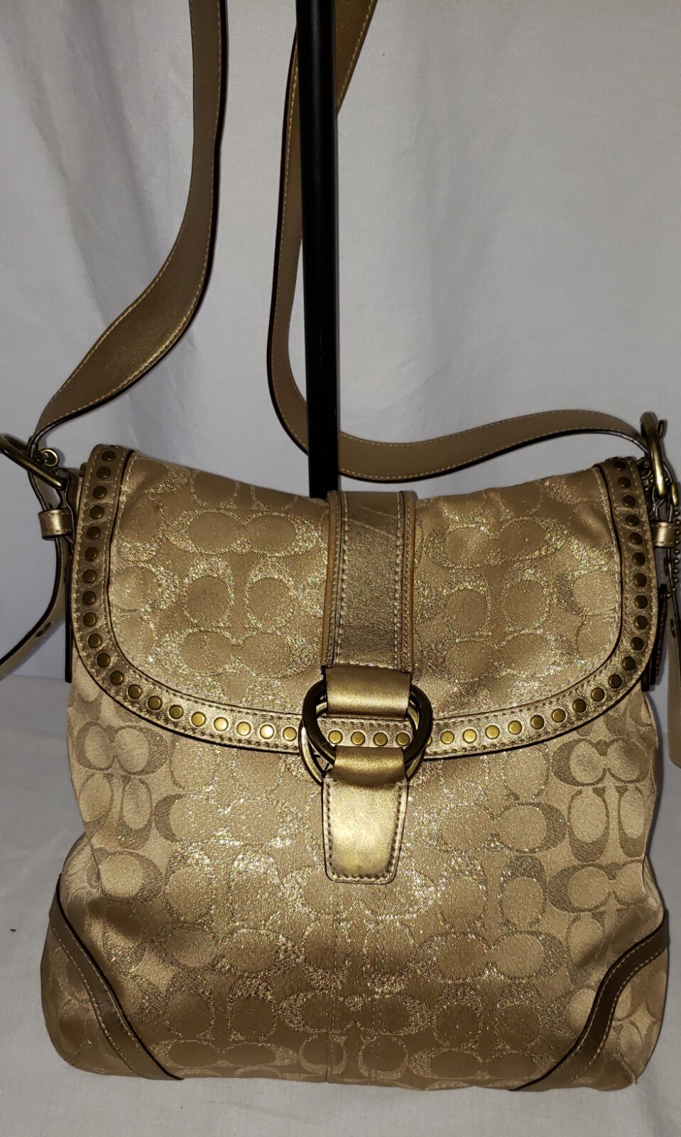 COACH Gold Signature Jacquard & Leather Studded Brass… - Gem
