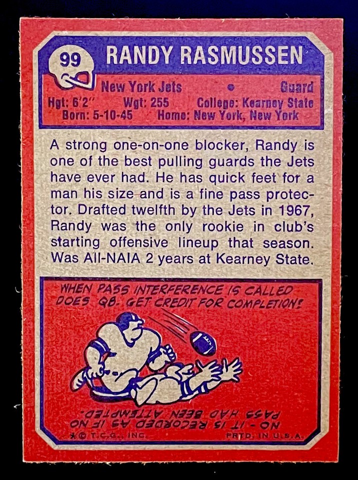 1973 Topps #99 Randy Rasmussen RC New York Jets Vintage Rookie Football ...