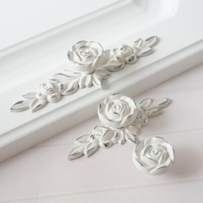 Flower Dresser Drawer Pull Handles Creamy White Rose knob Kitchen ...