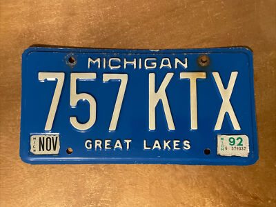 1992 Michigan License Plate Great Lakes Blue # 757-KTX | eBay