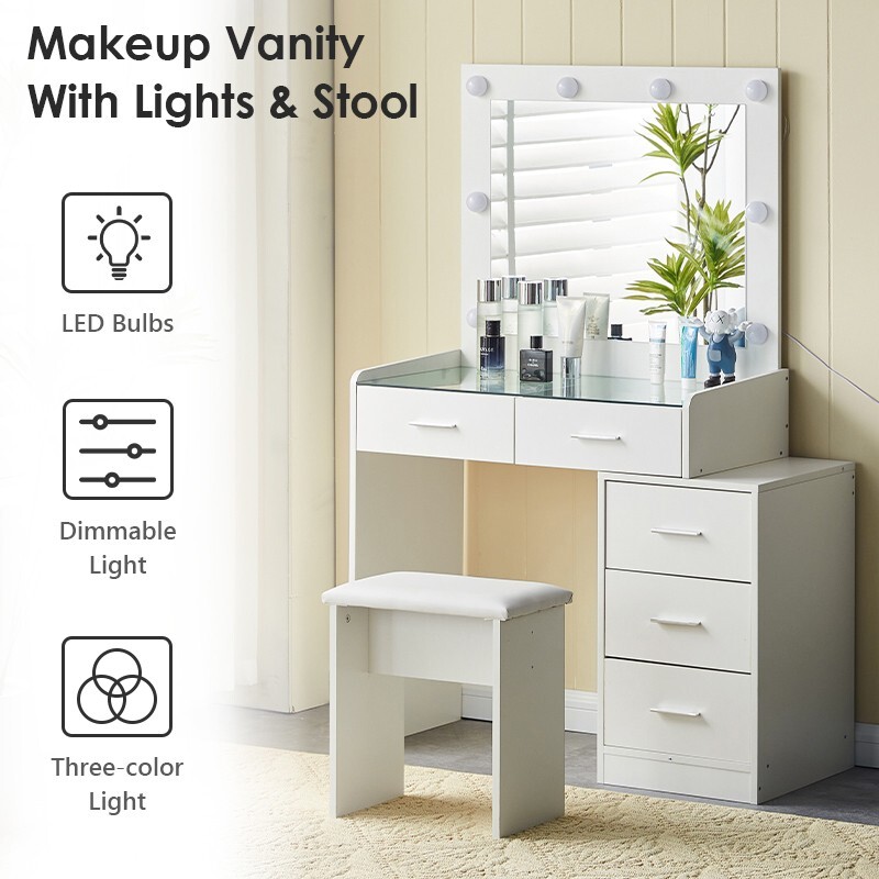 Dressing Table with LED Lighted Mirror Makeup Lady Dresser Desk Table ...