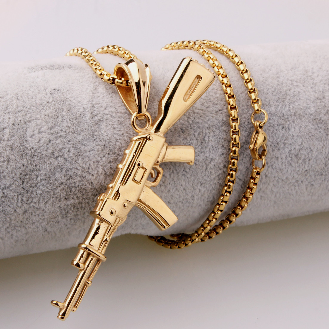 AK47 Assault Gun Rifle Pendant Chain Stainless Steel Gold Tone Men's ...