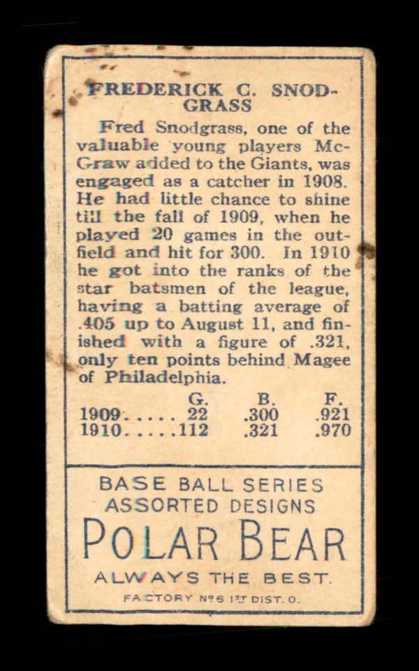 1911 T205 Gold Border Fred Snodgrass New York Nice Color | eBay