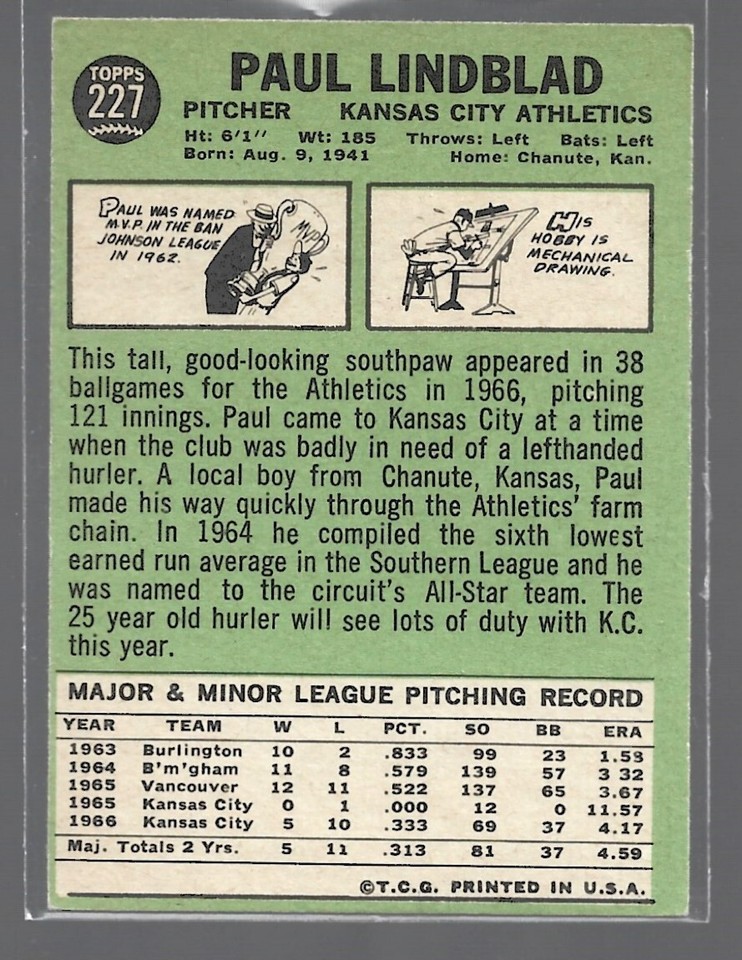 Paul Lindblad Kansas City Athletics 1967 Topps Baseball Card #227 | eBay