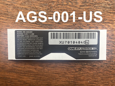 Game Boy Advance GBA SP Replacement Back Sticker Label AGS 001 AGS-001 ...