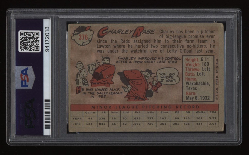 1958 Charle Rabe PSA DNA Topps Baseball Authentic Auto Autograph #376 ...