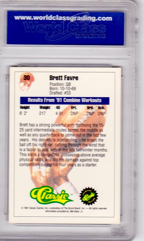 1991 Classic Brett Favre Draft Picks Rookie #30 Graded WCG 10 Gem Mint ...