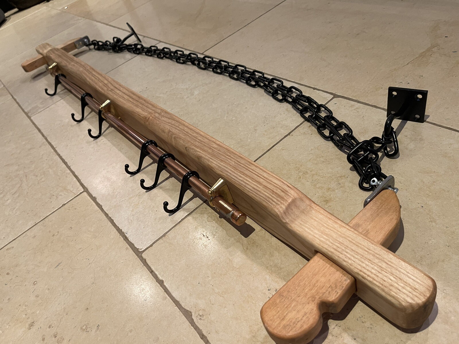 Large handsome kitchen pot hanger rustic Antique Timber Copper Hanging ...