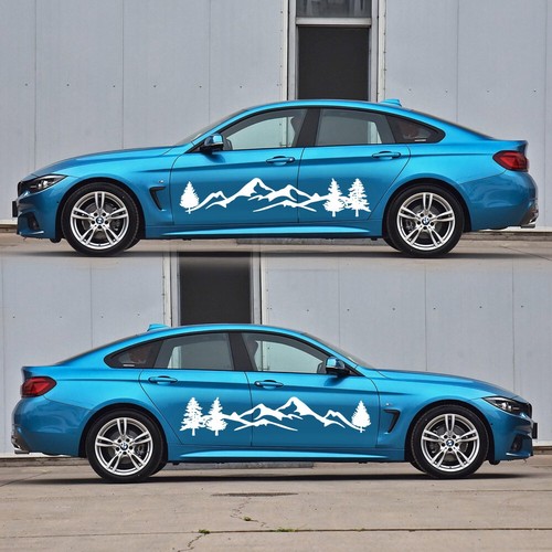 2x White Car Stickers Side Skirt Body Decoration Decals Mountain Tree ...