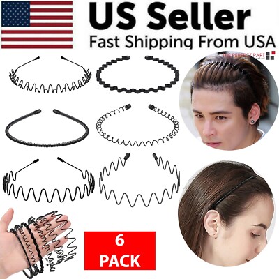 6Pcs Metal Hair Headband Wave Style Hoop Band Comb Sports Hairband Men ...