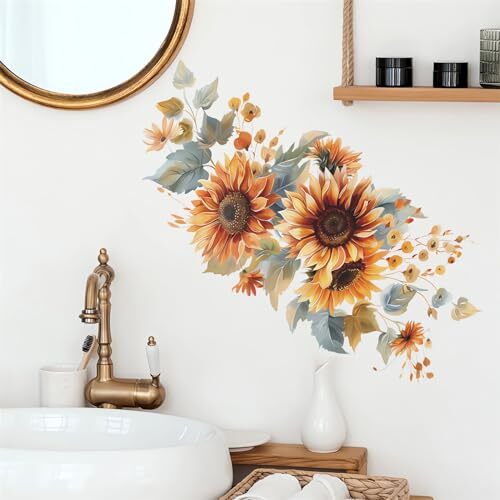 Sunflower Flower Wall Stickers, Yellow Floral Art Wall Decals Removable ...