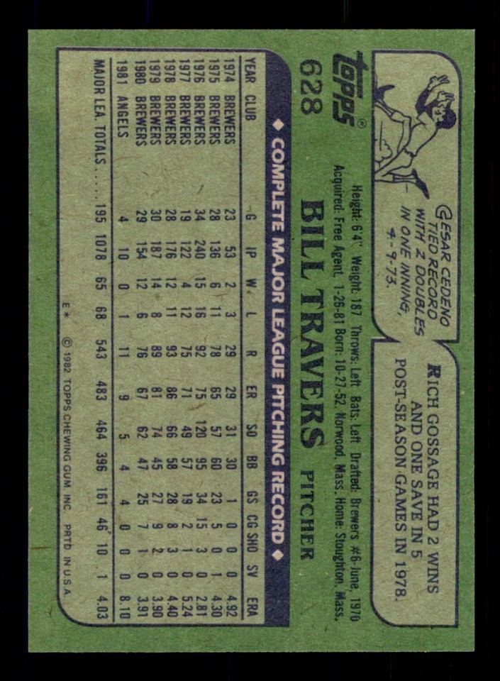 1982 Topps Baseball #628 Bill Travers EX/MT or Better *aa1 | eBay