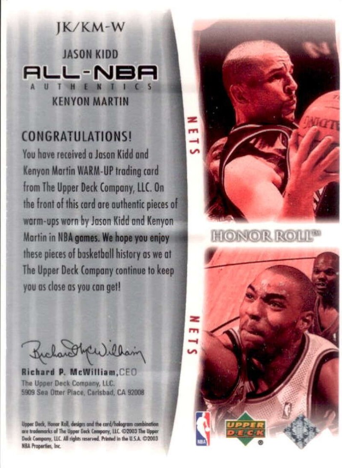 Jason Kidd/Kenyon Martin Card 2002-03 Upper Deck Honor Roll Dual Warm ...