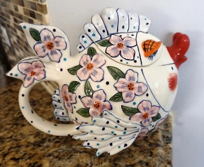 Blue Sky Clayworks By Diane Artware Ceramic Pink Flower Fish Teapot ...