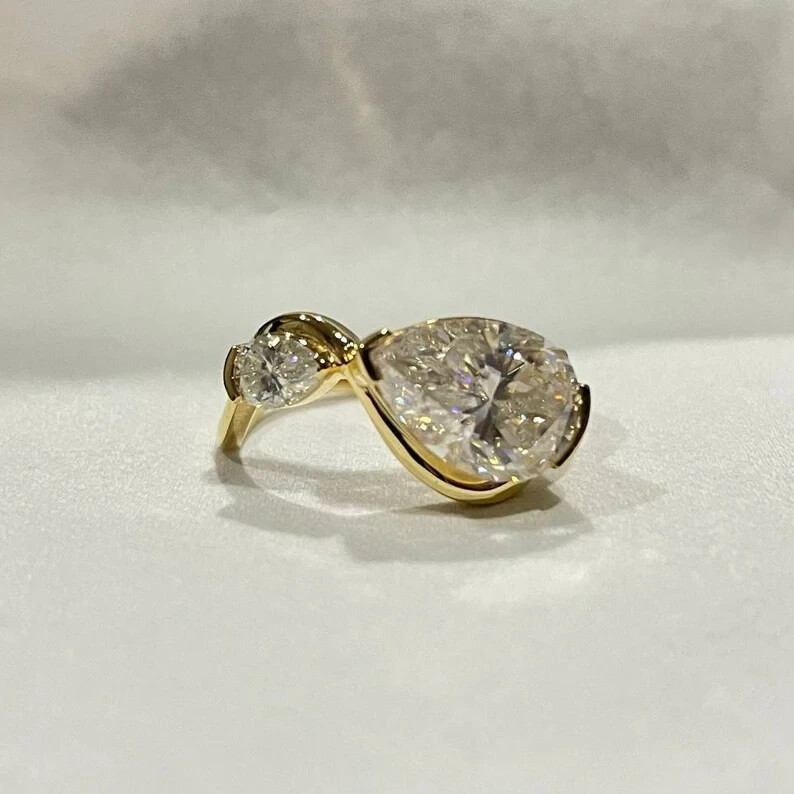 Wave Engagement Ring East to West Moissanite Pear Cut 2 Stone Gold Ring ...
