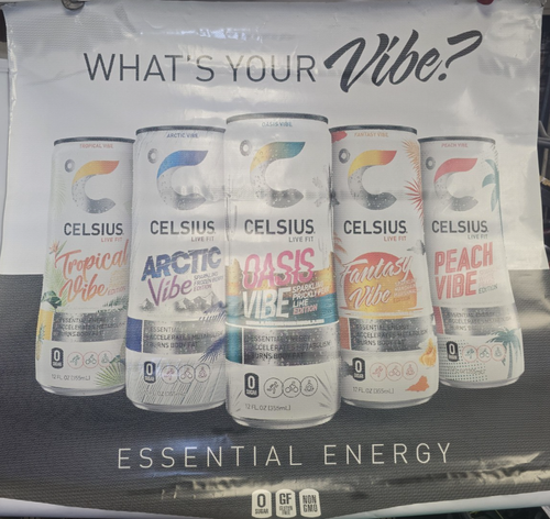 48" By 48" Celsius what's your vibe energy drink window cling vinyl ...