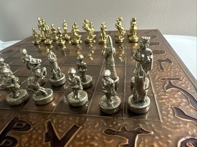 VTG MacBeth? Egyptian? Chess Set! Heavy Metal Pieces! Metal Board! Gold ...