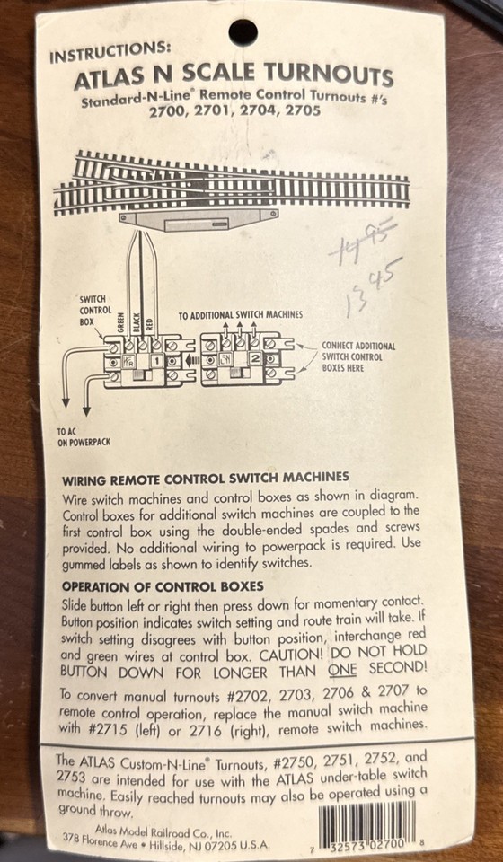 NOS Atlas #2700 N Scale Remote Left-Hand Switch Turnout Track Made in ...