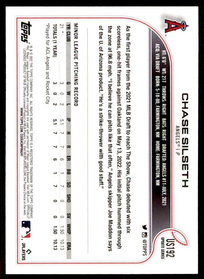 2022 Topps Update #US192 Chase Silseth | eBay
