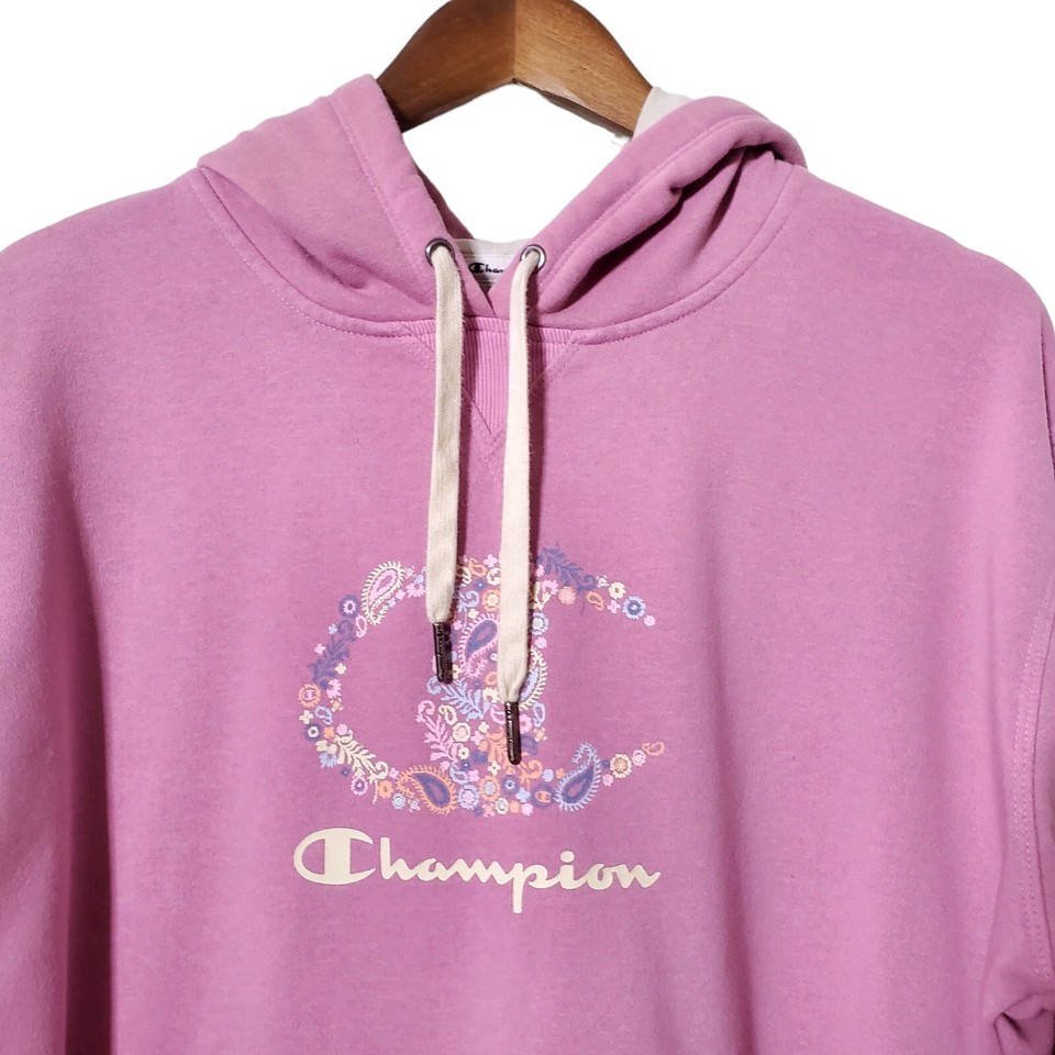 Champion French Terry Hoodie Size XL Pink Floral Logo Authentic ...