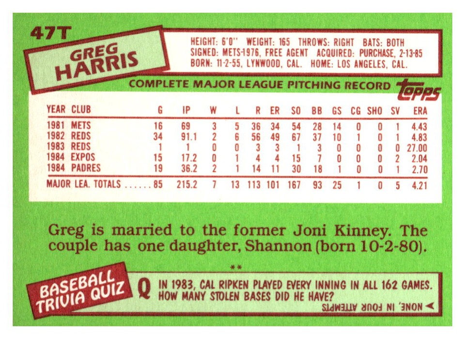 1985 Topps Traded 47T Greg Harris Texas Rangers Baseball Card | eBay
