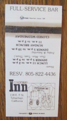 STAGECOACH MATCHBOOK MATCHCOVER: STOCKYARD INN (TEHACHAPI, CALIFORNIA ...